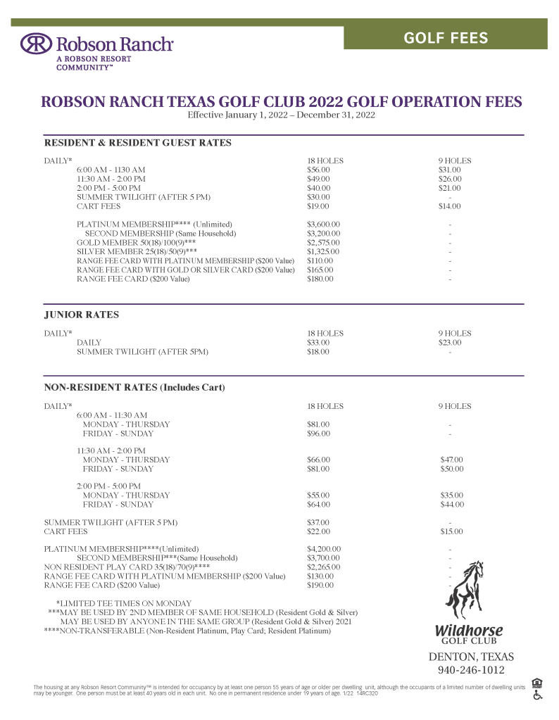 Fees - Wildhorse Golf Club at Robson Ranch